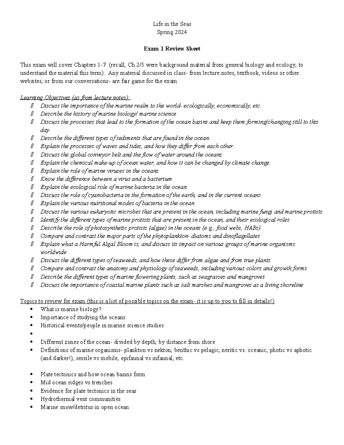 2024 Exam 1 Review sheet - Life in the Seas Spring 2024 Exam 1 Review ...
