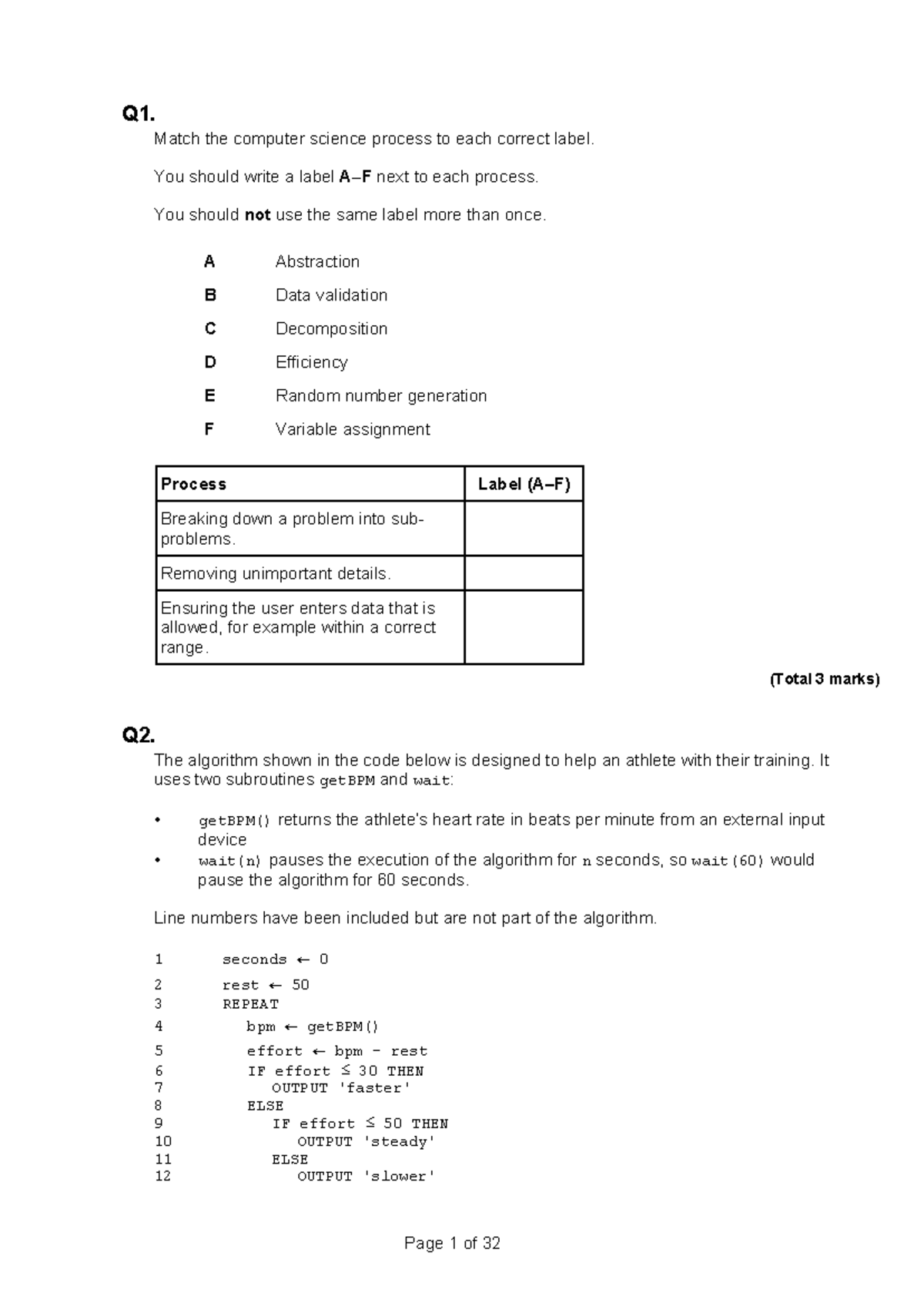 3.1 Fundamentals of Algorithms - Q1. Match the computer science process to each correct label ...