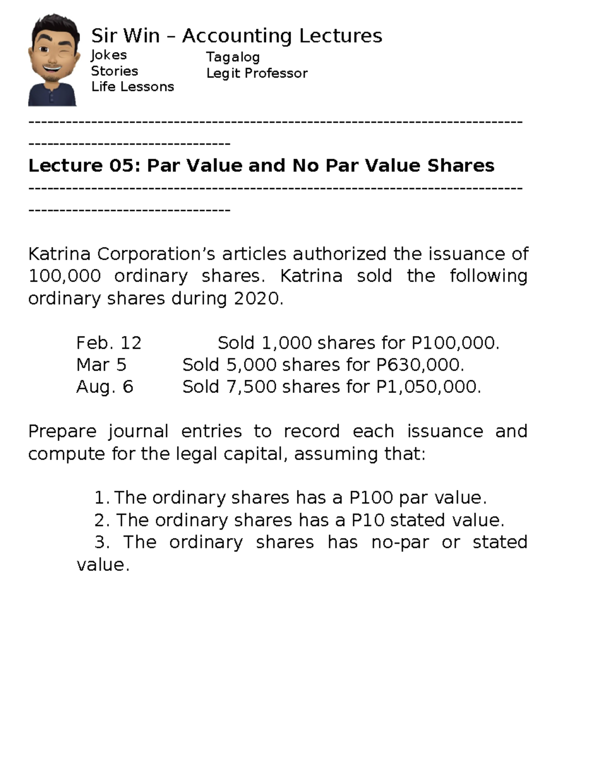 Lecture 05 Par and No Par Value Shares - Jokes Stories Life Lessons ...