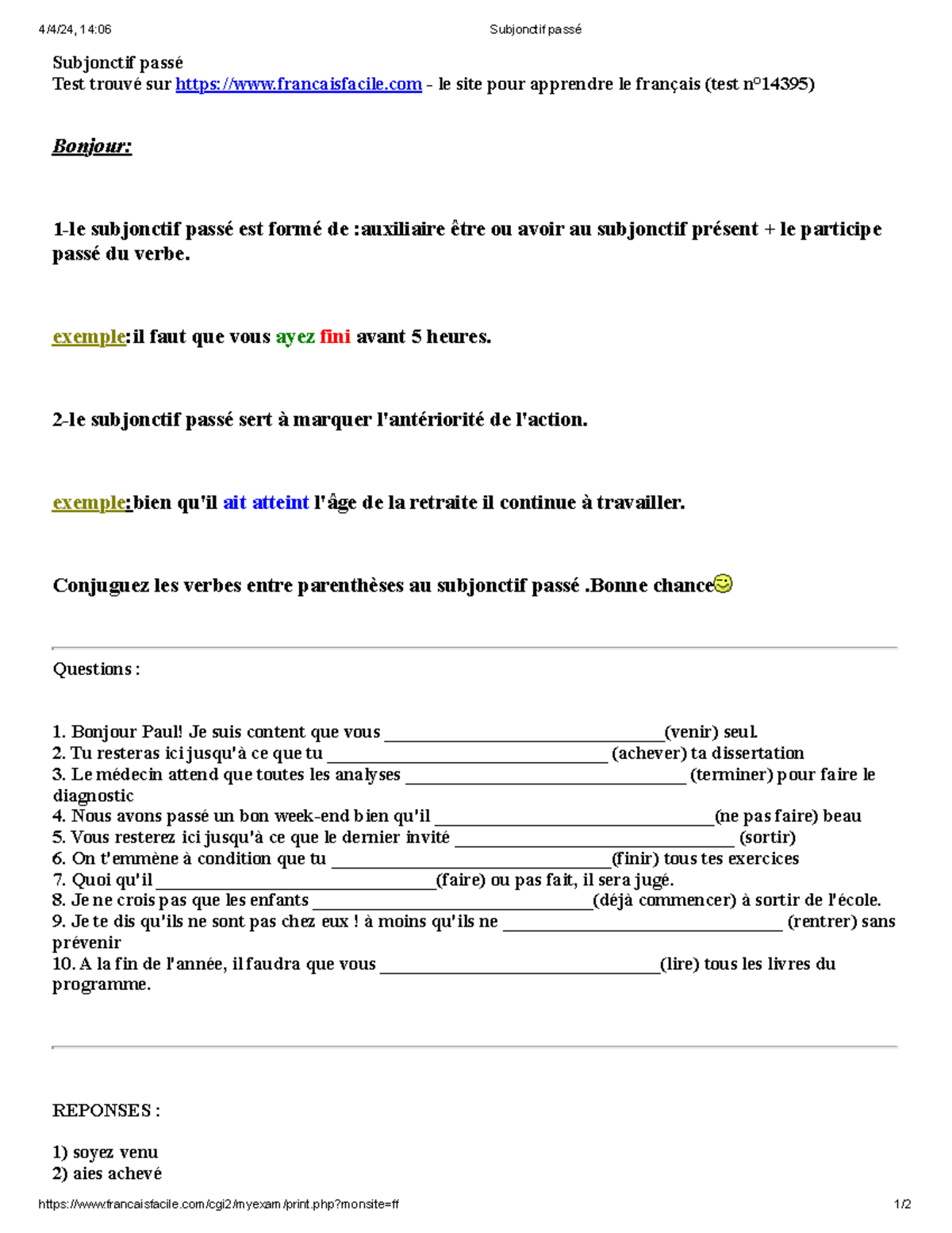 Subjonctif passé exercices devoir 11 - 4/4/24, 14:06 Subjonctif passé ...