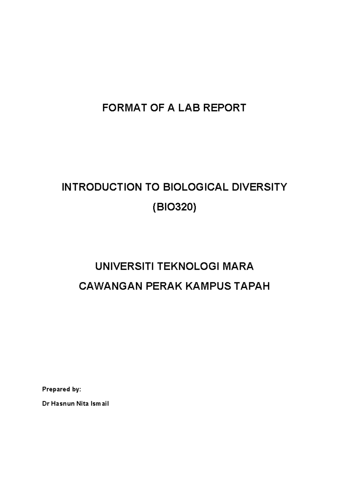 Format Of A Lab Report Format Of A Lab Report Introduction To Biological Diversity Bio320