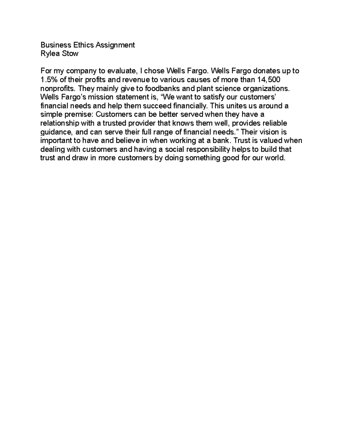 Business Ethics Assignment - Business Ethics Assignment Rylea Stow For ...