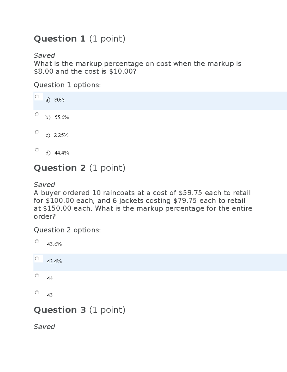 Pricing Quiz 2 - Questions and Answers - Question 1 (1 point) Saved ...
