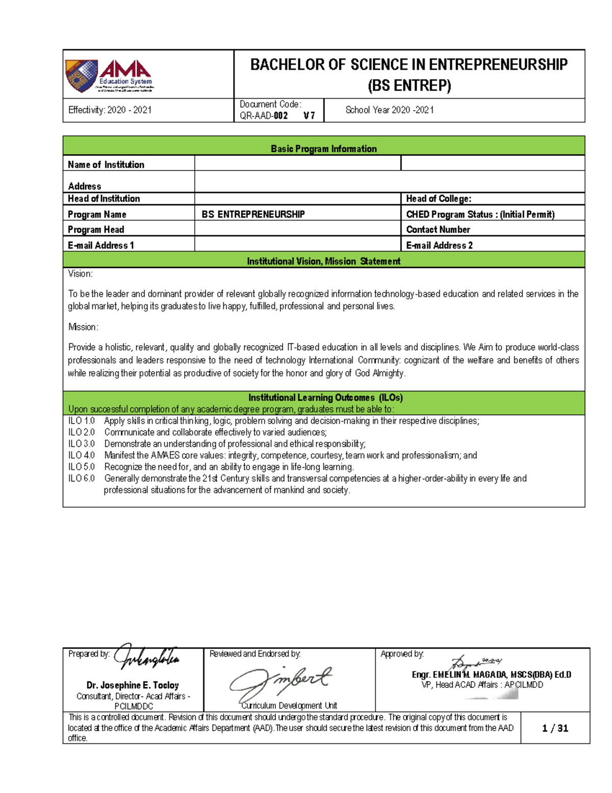 2021 Amaes OBE BS Entrep V7 - (BS ENTREP) Effectivity: 2020 - 2021 ...