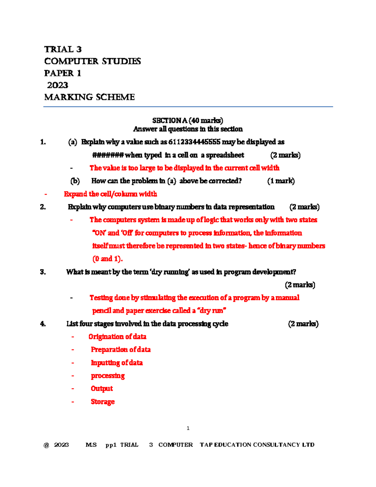 M.S PP1 Computer Trial 3 2023 - 1 TRIAL 3 COMPUTER STUDIES PAPER 1 2023 ...
