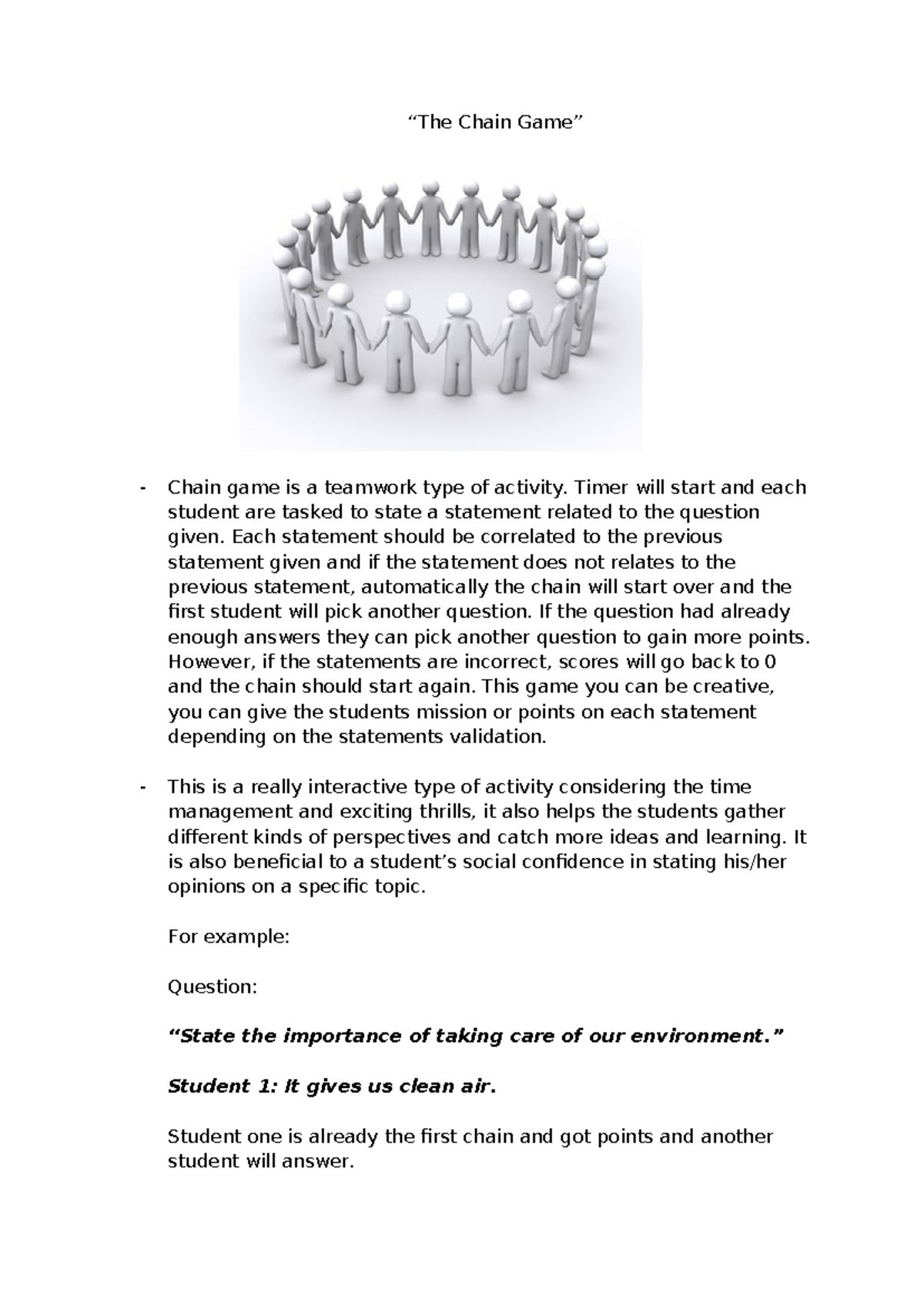 Lesson PLAN 4AS Activity - “The Chain Game” Chain game is a teamwork ...