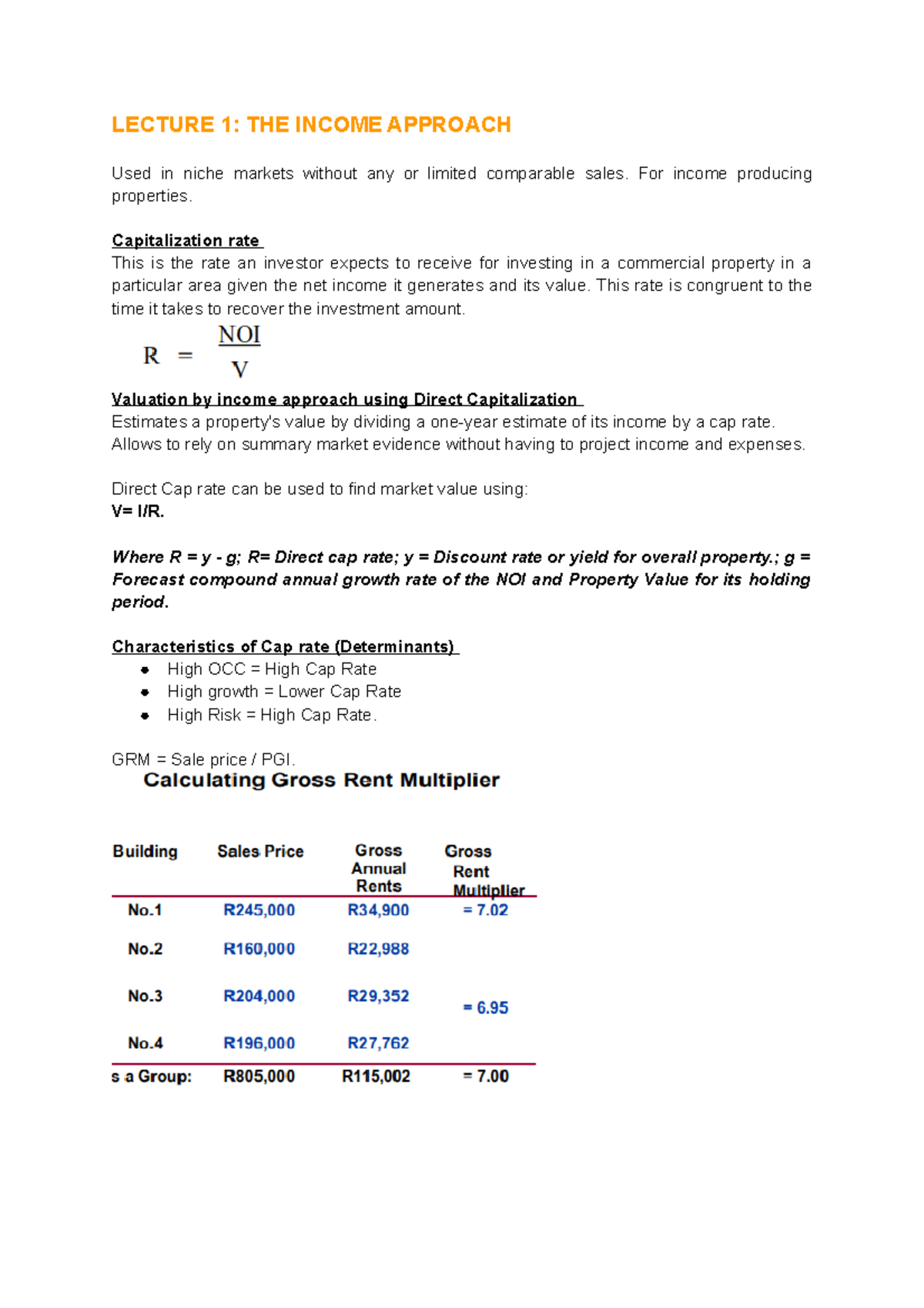 Notes - RE Valuation SM2 (KOLA) - LECTURE 1: THE INCOME APPROACH Used ...