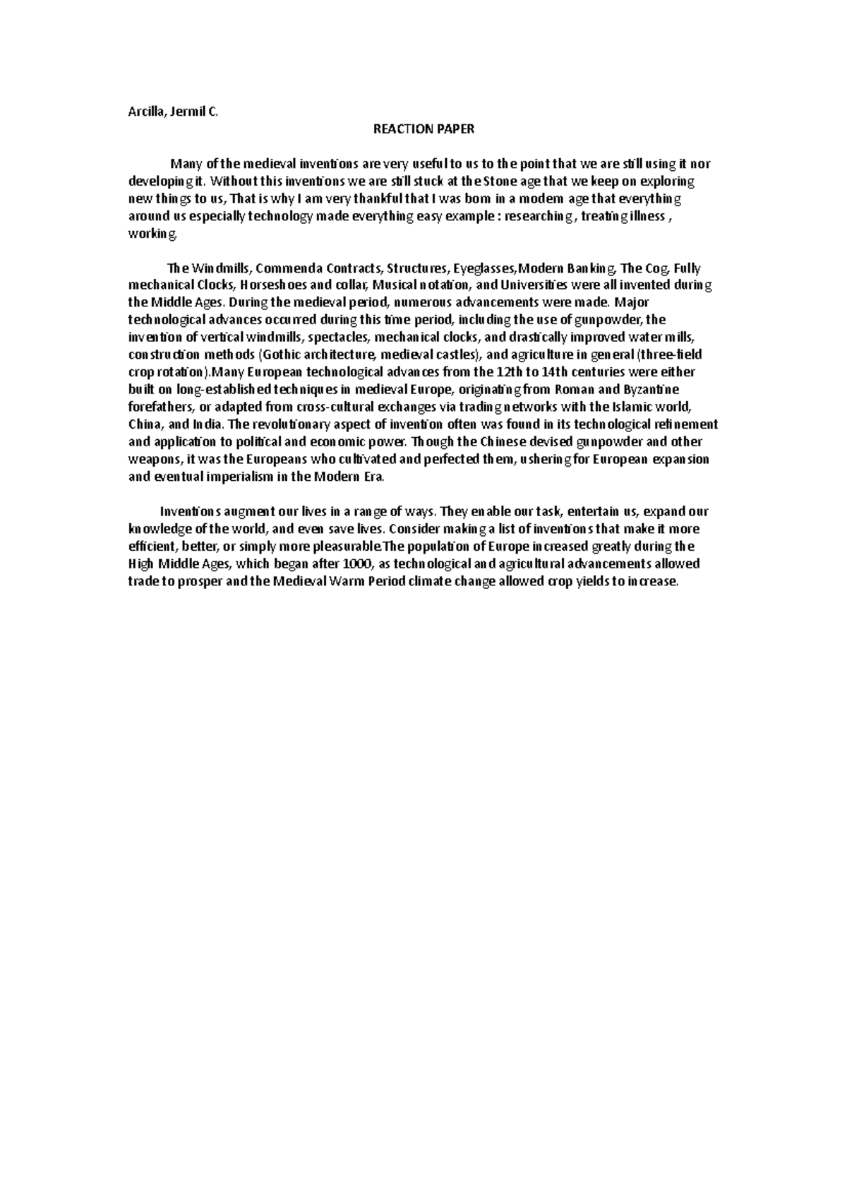 Reaction Paperrr - Arcilla, Jermil C. REACTION PAPER Many of the ...