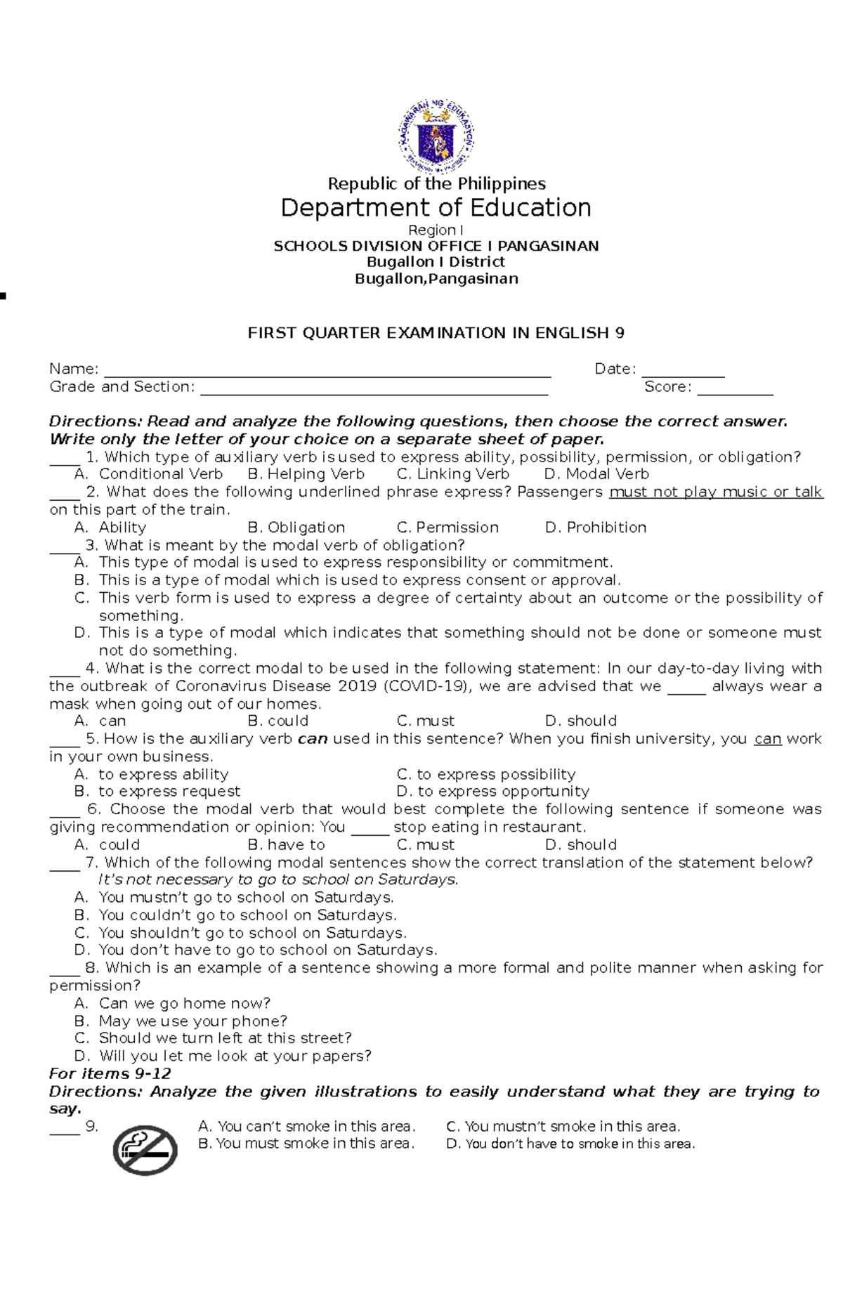 First Quarter Examination Version 2 2022-2023 - Republic of the ...