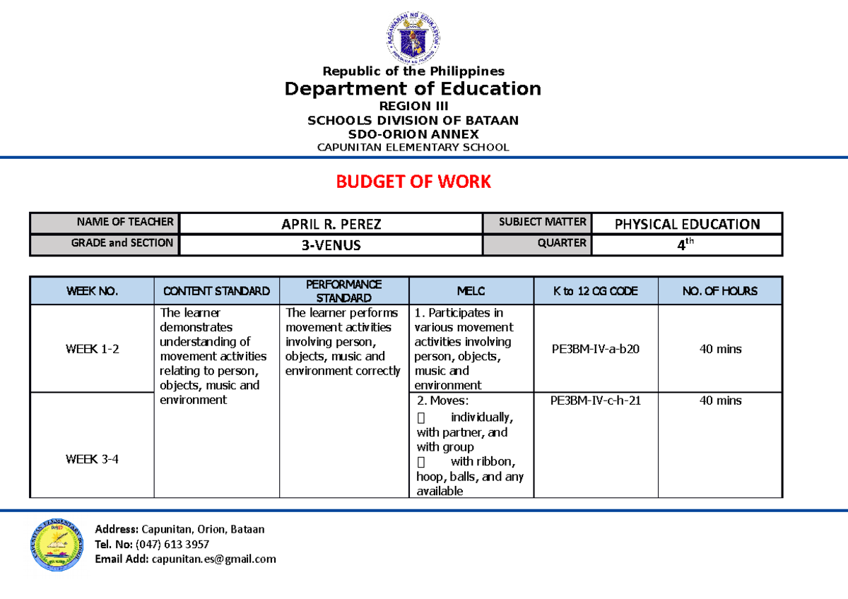 P.E - budget of work - Republic of the Philippines Department of ...