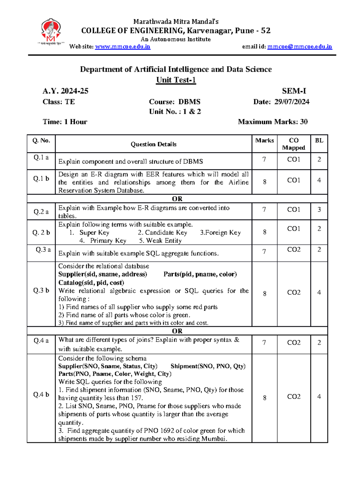 DBMS Question Paper UT-1 - Marathwada Mitra Mandal's COLLEGE OF ENGINEERING, Karvenagar, Pune ...