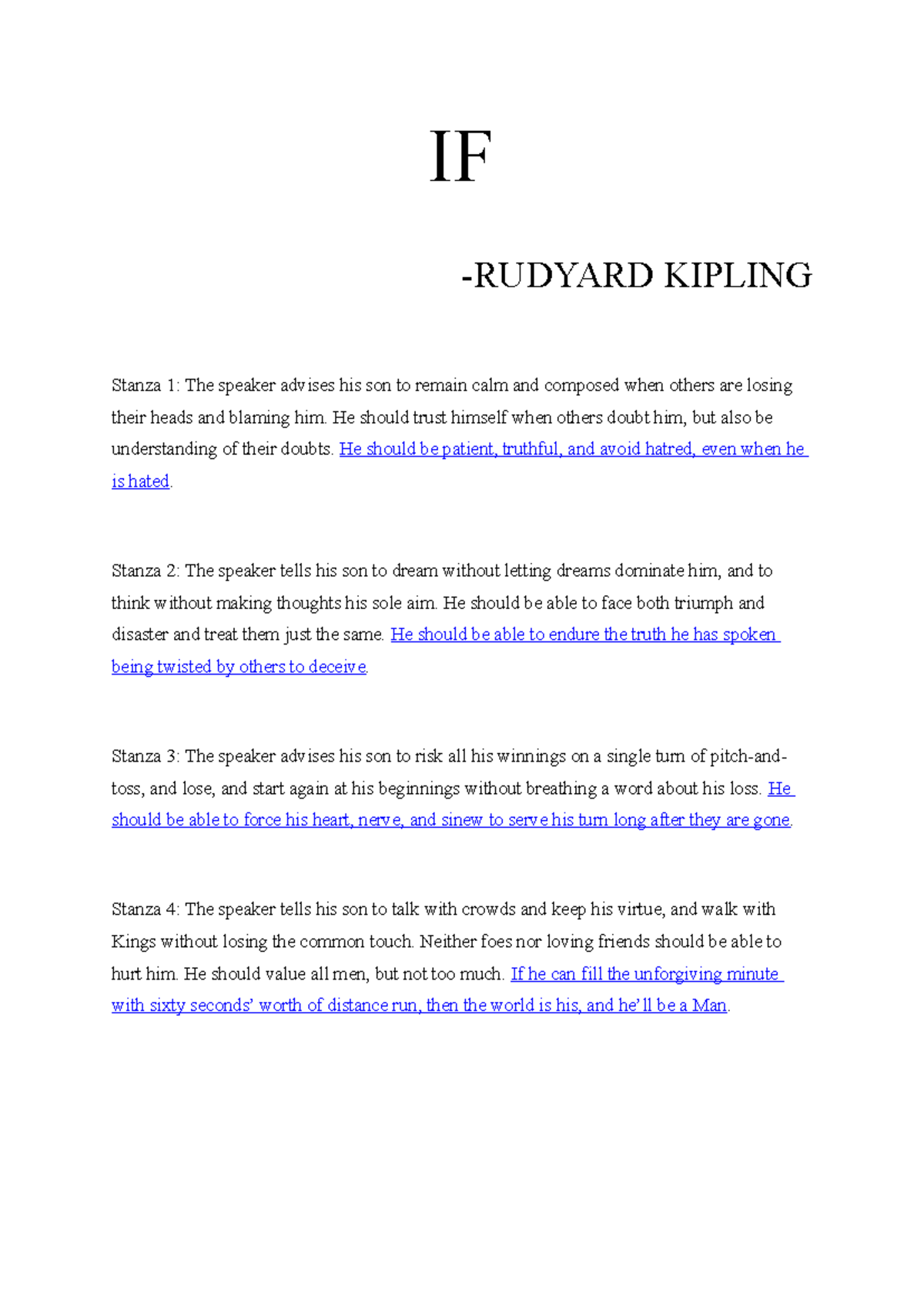 IF - it is the simplest explanation of the poem IF - IF -RUDYARD ...