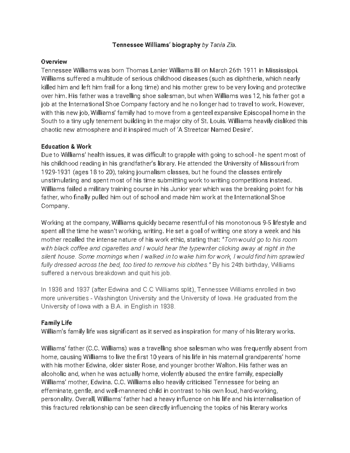 Tennessee Williams’ biography - Overview Tennessee Williams was born ...