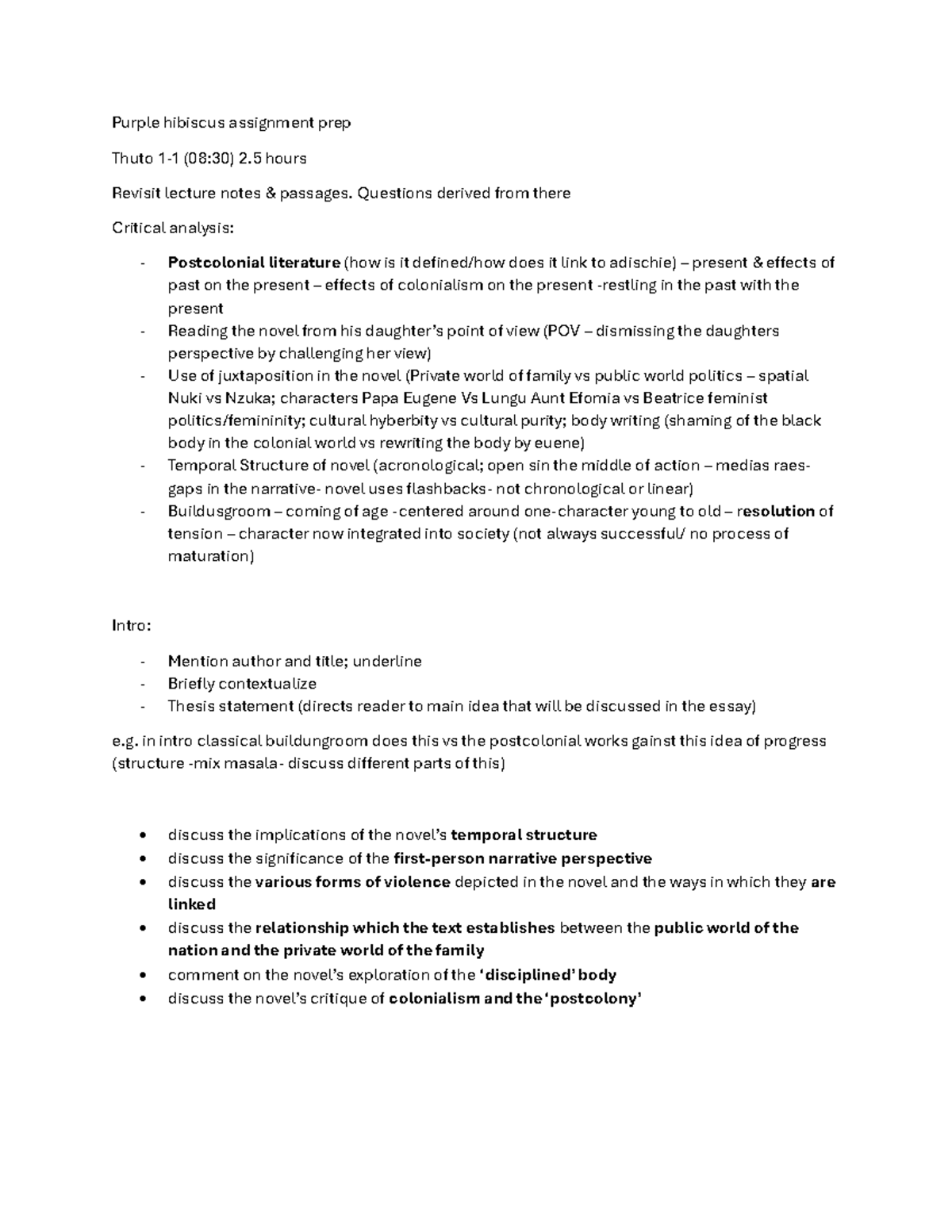 Purple hibiscus assignment prep - Questions derived from there Critical ...