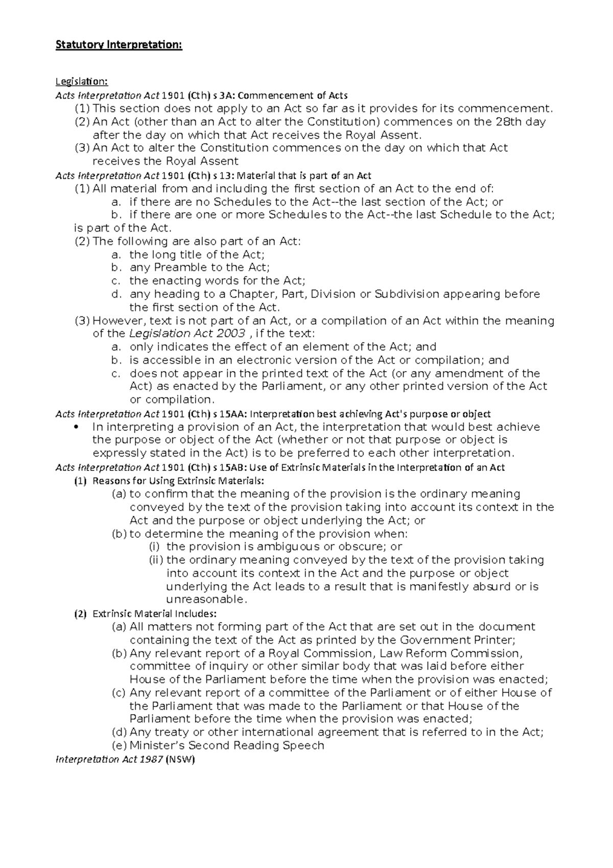 Statutory Interpretation Cheat Sheet - Legislation: Acts Interpretation ...
