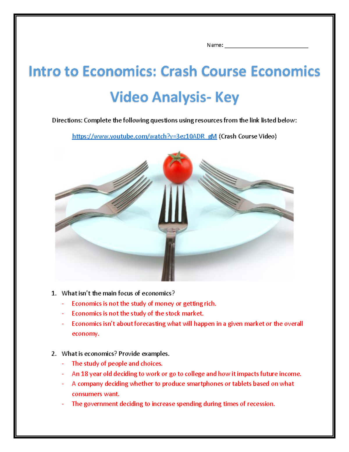 Introto Economics Crash Course Economics Video Analysiswith Key-1 ...