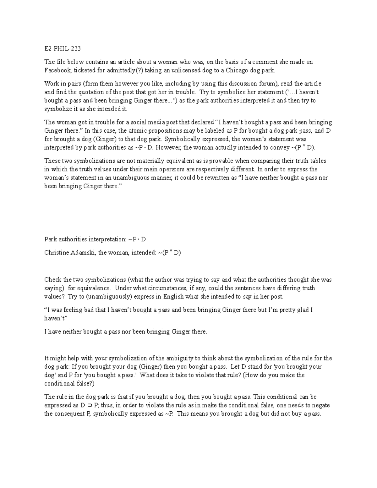 E2 - Exercise 2 assignment for philosphy 233 Critical Thinking - E2 ...