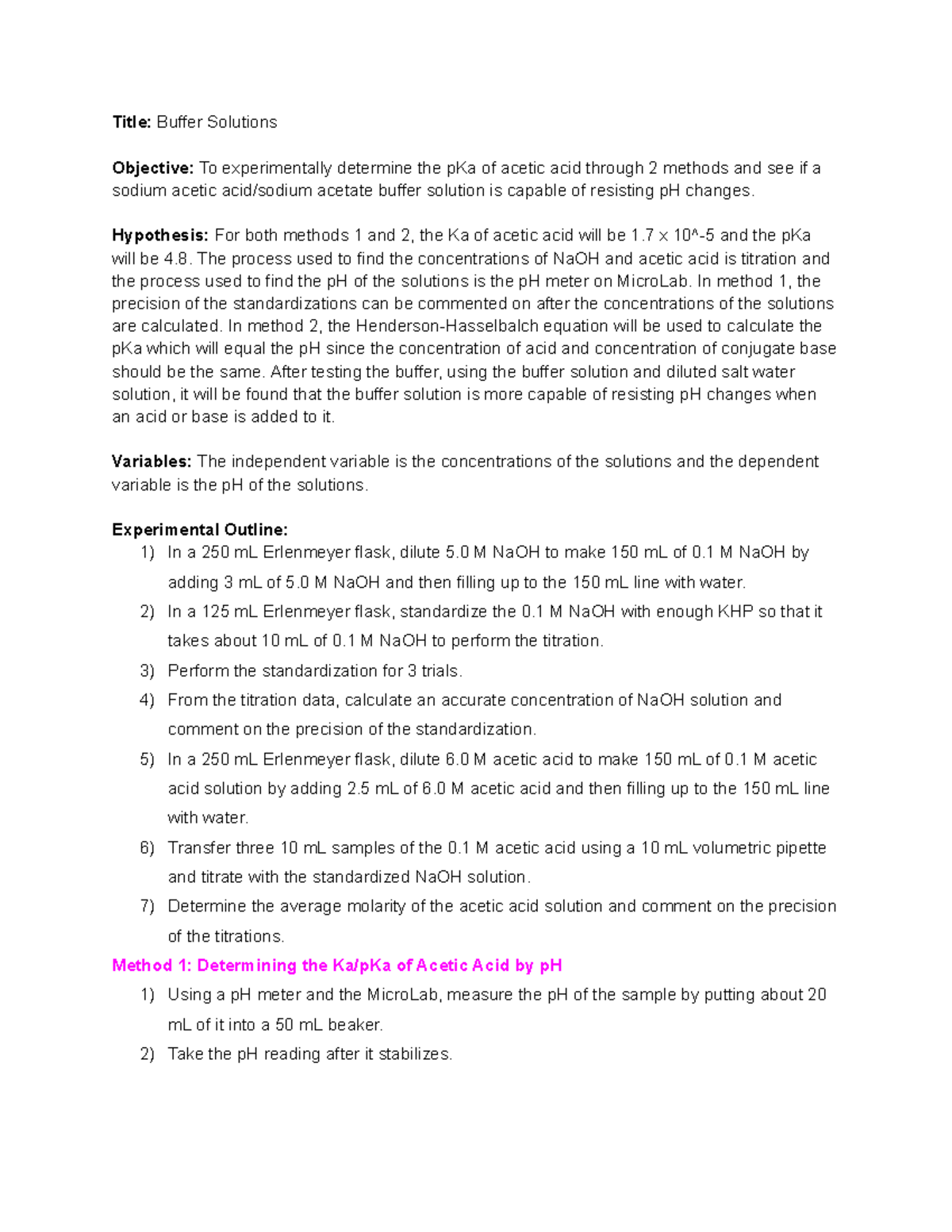 Buffer Solutions - Title: Buffer Solutions Objective: To experimentally determine the pKa of ...