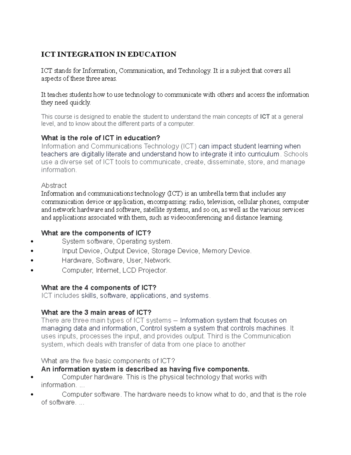 ICT Integration IN Education - ICT INTEGRATION IN EDUCATION ICT stands ...