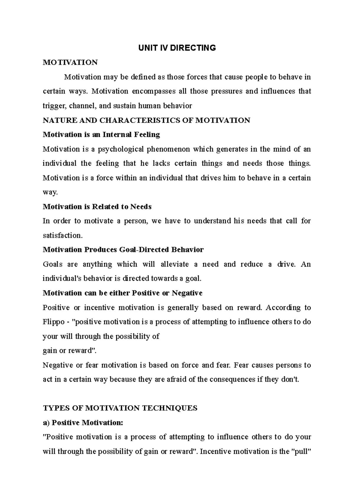 UNIT 4 notes - UNIT IV DIRECTING MOTIVATION Motivation may be defined ...