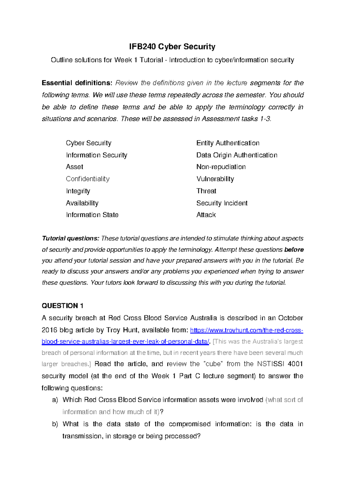 IFB240 W1 Tutorial Solutions - IFB 240 Cyber Security Outline solutions ...