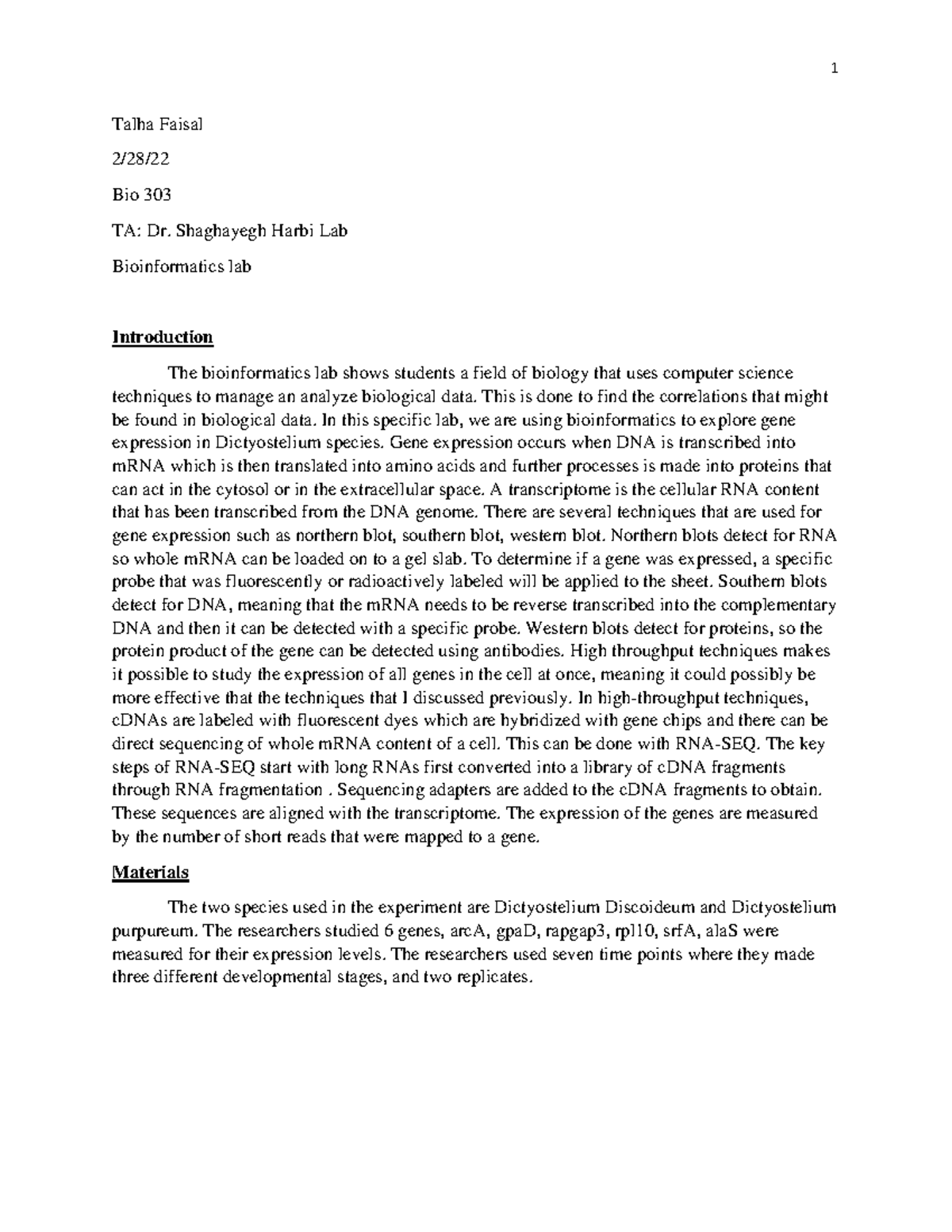 Talha Faisal Bio 303 bio informatics lab - Talha Faisal 2/28/ Bio 303 ...