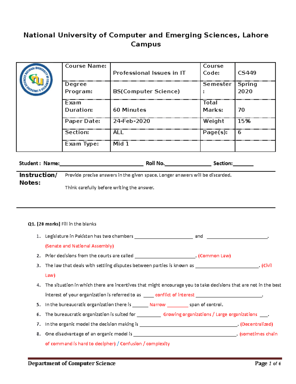 CS449-PIIT-Mid-1-Spring-2020 with Solution - National University of ...