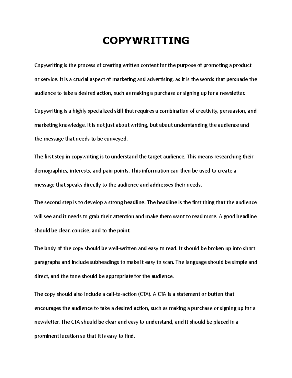 Copywritting - notes - COPYWRITTING Copywriting is the process of ...