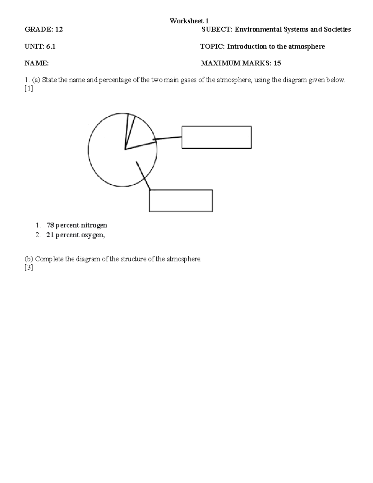 ESS 6.1 worksheet - Worksheet 1 GRADE: 12 SUBECT: Environmental Systems ...