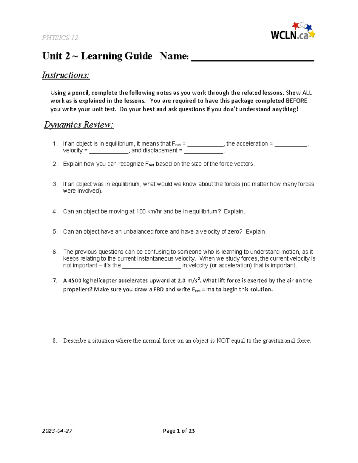 PH12 U2 LG - Blank Learning Guide for Torque & Equilibrium - Unit 2 ~ Learning Guide Name ...