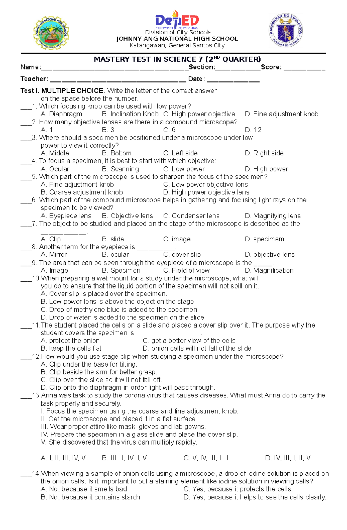 2ND Quarter Mastery TEST Science 7 - Division of City Schools JOHNNY ...