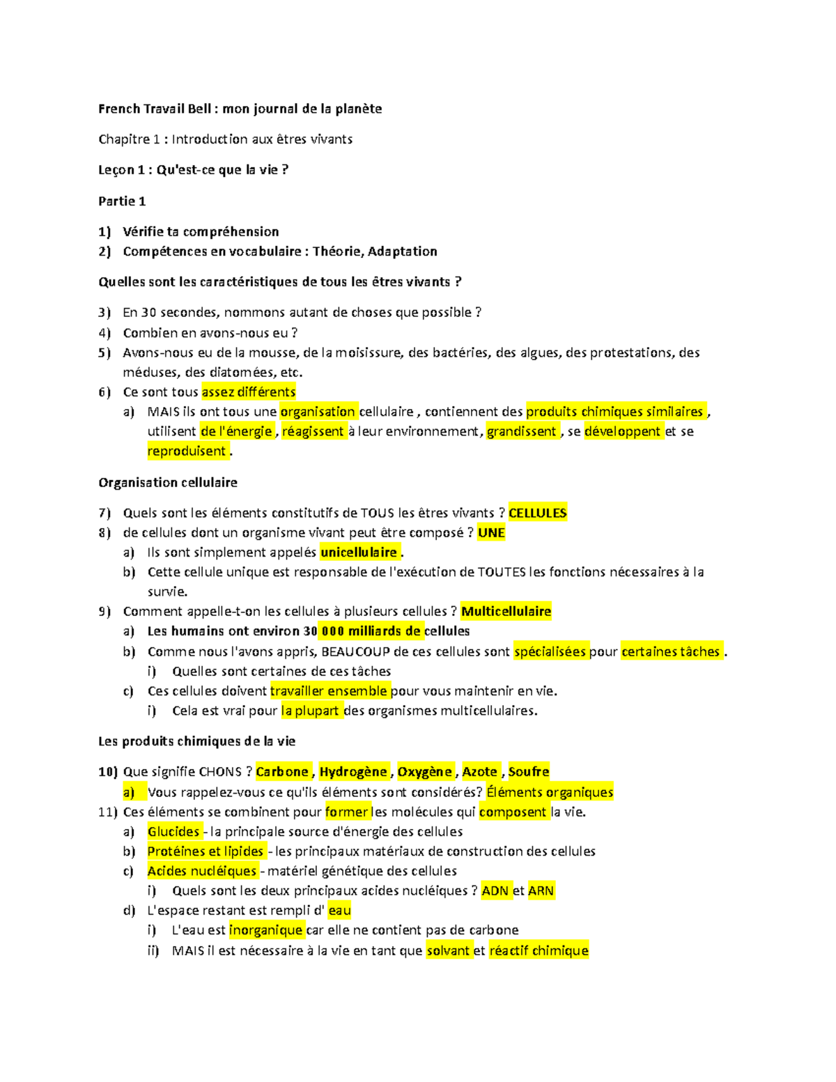 Chapter 1 Lesson 1 P1 French - French Travail Bell : mon journal de la ...