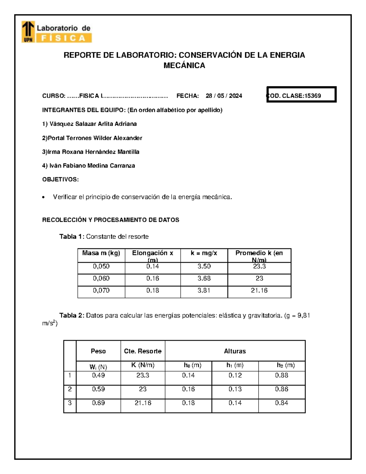 Reporte LAB FISI1 S10 CEM 2024 - REPORTE DE LABORATORIO: CONSERVACIÓN DE LA ENERGIA MECÁNICA ...