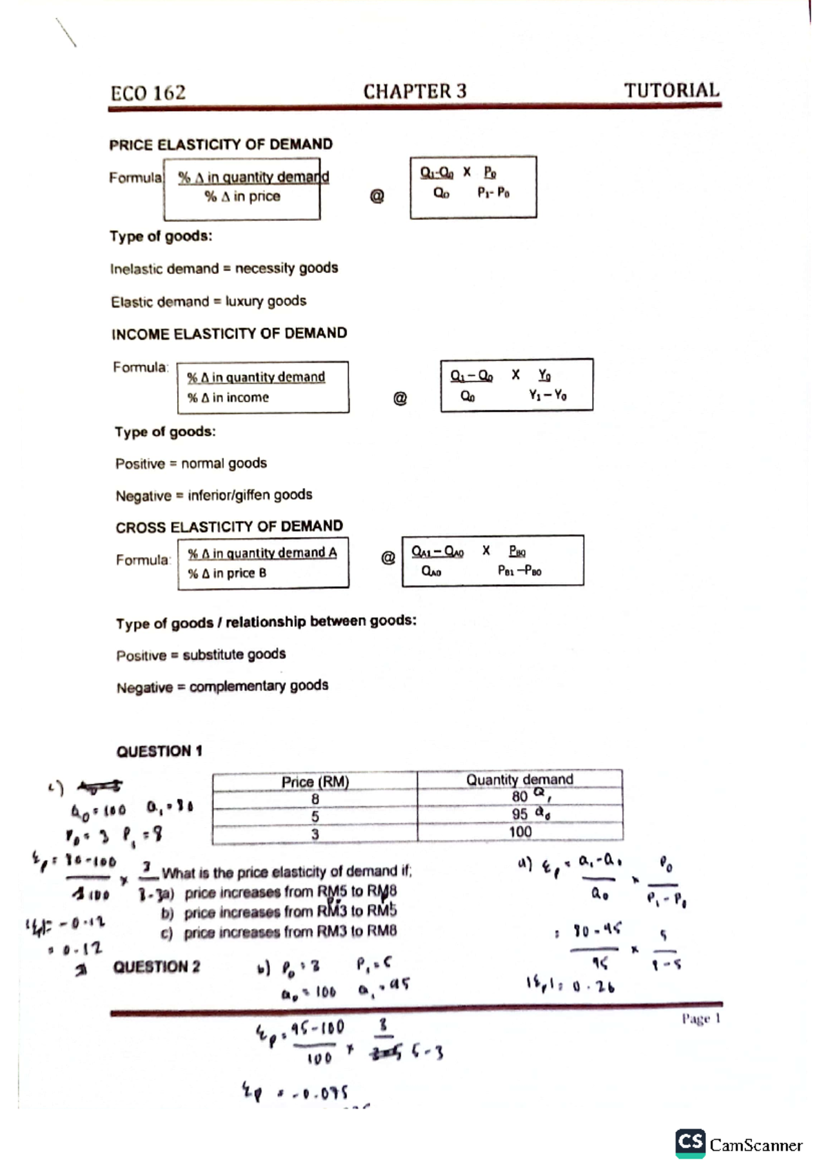 ECO162 for chapter 3 - ECO 162 CHAPTER 3 TUTORIAL PRICE ELASTICITY OF DEMAND Formula A in ...
