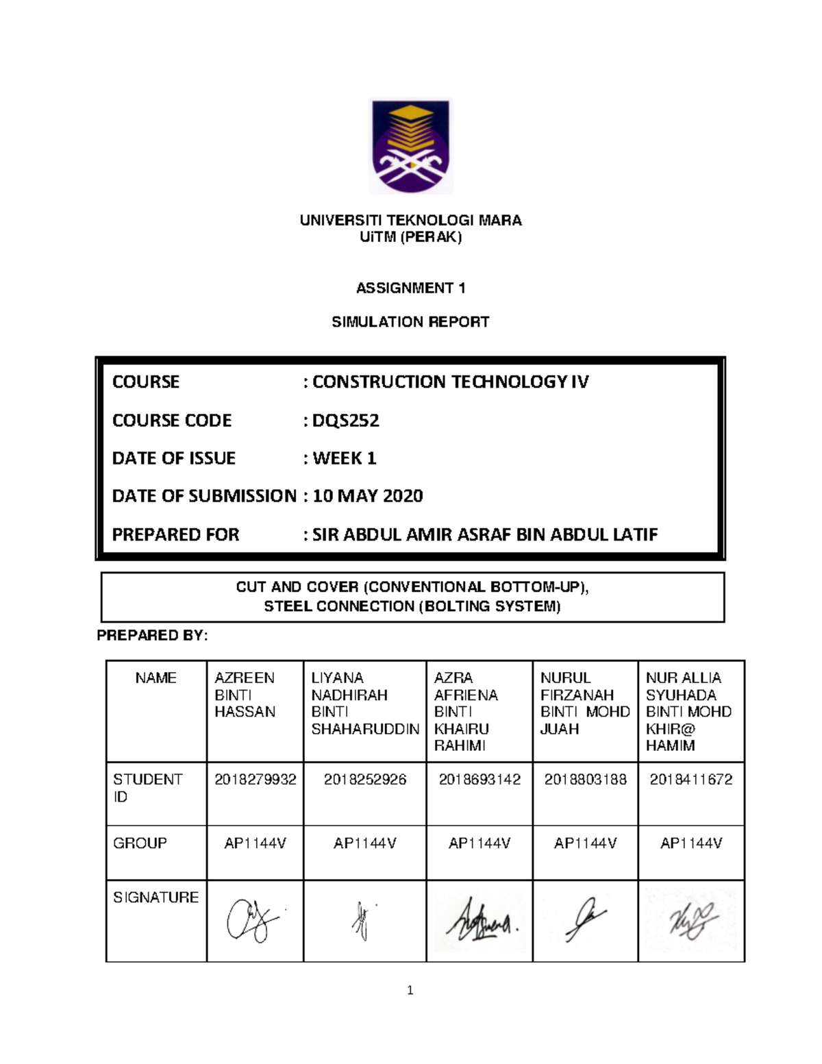 Assignment 1 Constech - UNIVERSITI TEKNOLOGI MARA UiTM (PERAK) ASSIGNMENT 1 SIMULATION REPORT ...