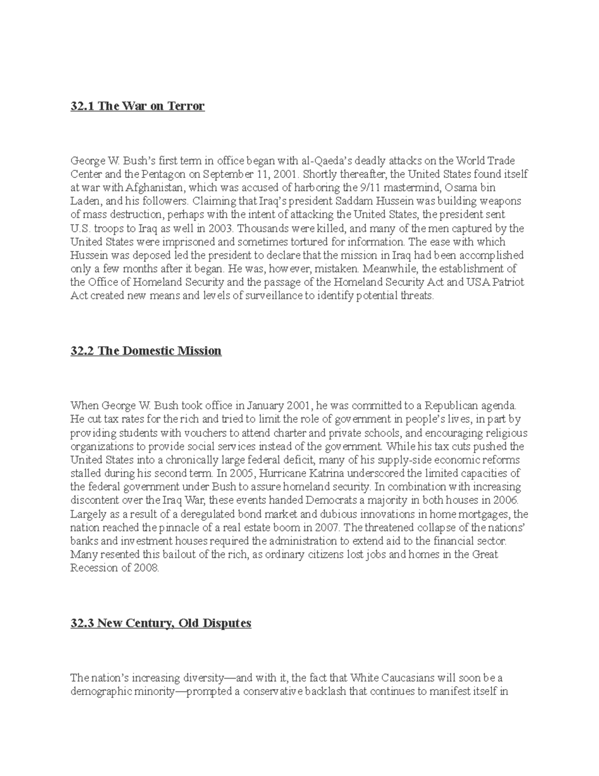 US History Chapter 32 Summary - 32 The War on Terror George W. Bush’s ...