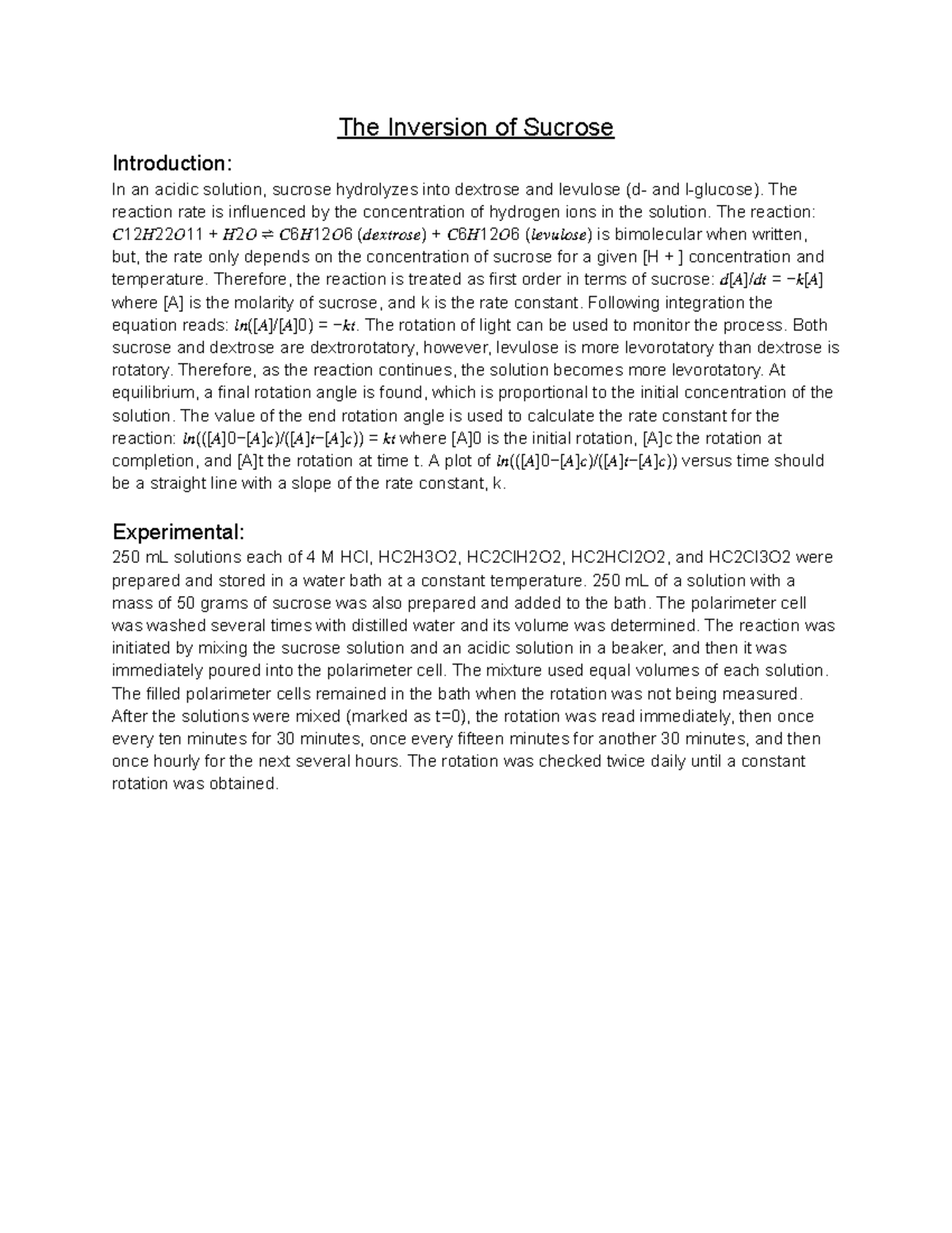 Thermo Lab 8 - Lab Report - The Inversion of Sucrose Introduction: In an acidic solution ...