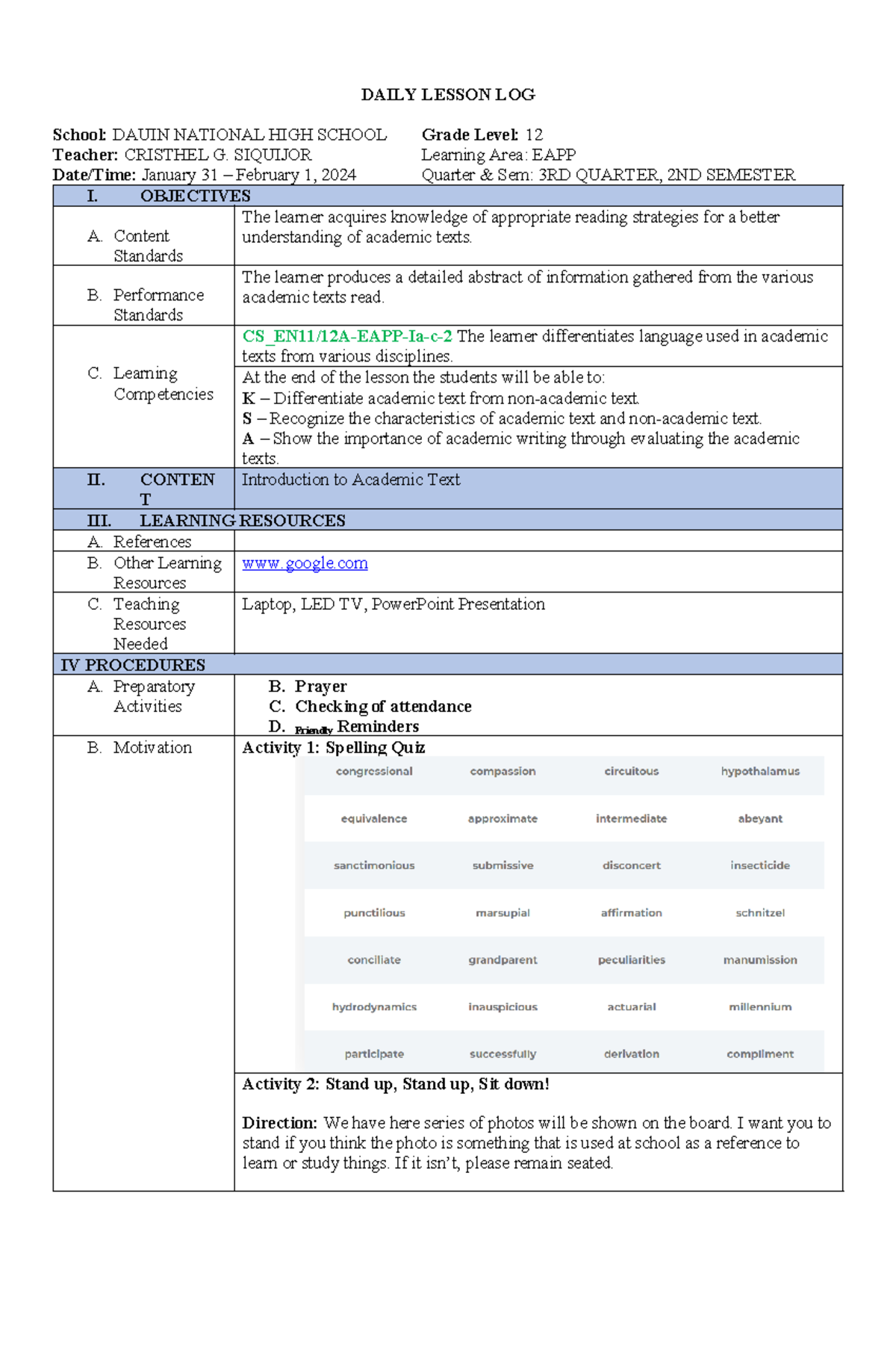 LESSON PLAN EAPP - DAILY LESSON LOG School: DAUIN NATIONAL HIGH SCHOOL ...