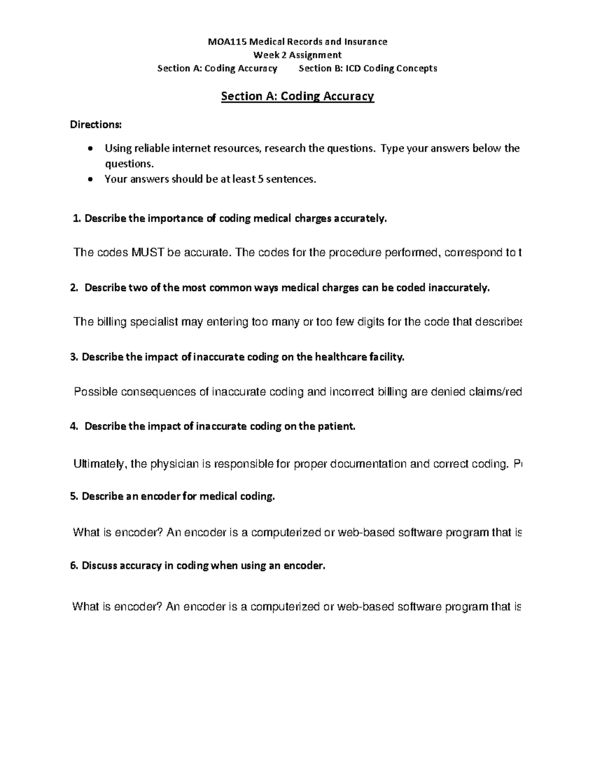 Online class week 2 assignment 2 done - MOA115 Medical Records and ...