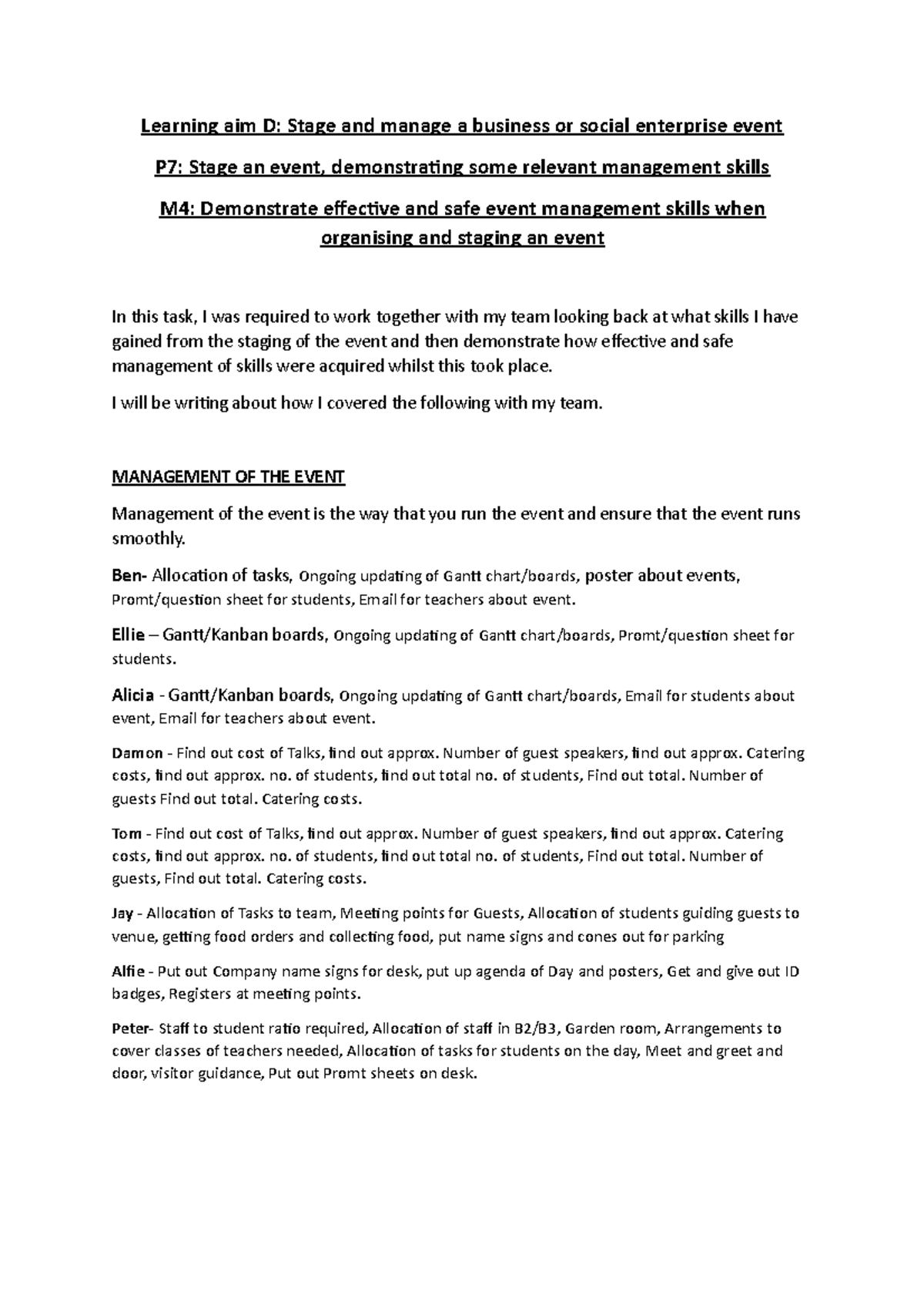 Learning aim D - P7, M4 Fin - Learning aim D: Stage and manage a ...