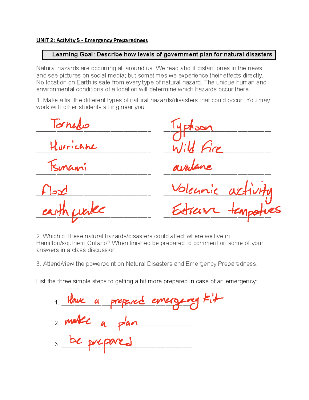 Copy of Unit 2 Activity 5 Emergency Preparedness - UNIT 2: Activity 5 ...