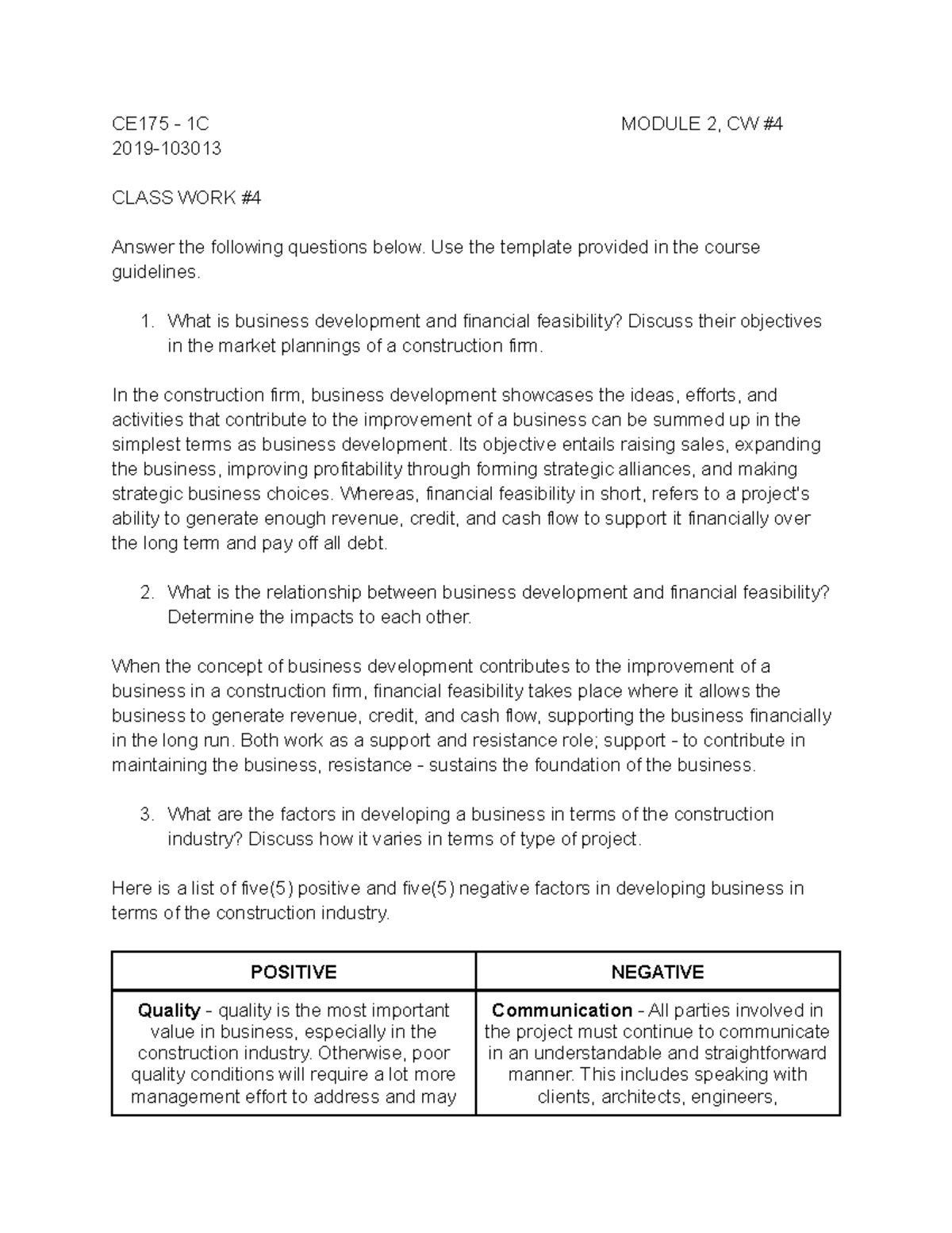 Classwork No. 4 - CE175 - 1C MODULE 2, CW 2019- CLASS WORK Answer the ...