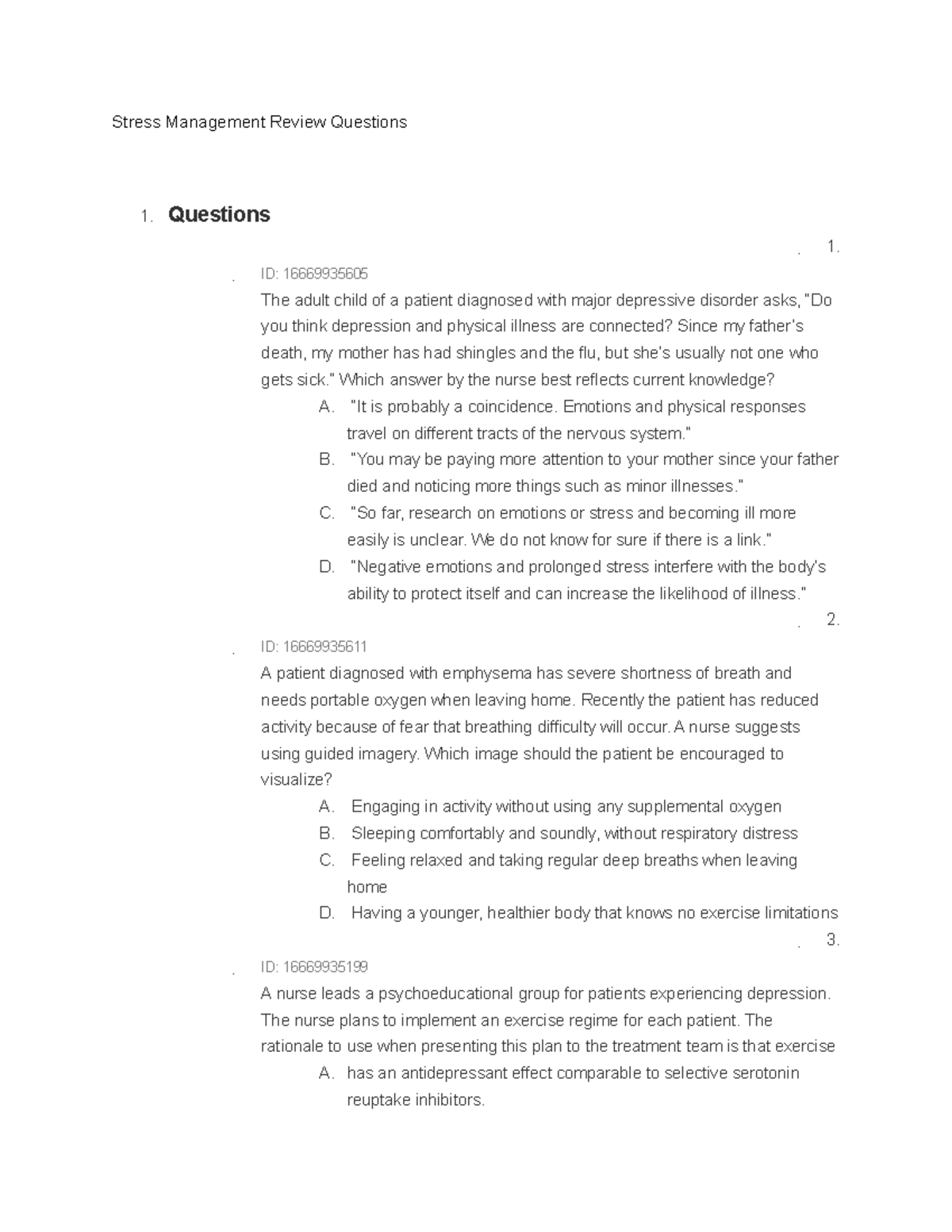 Stress review questions (without answers) - Stress Management Review ...