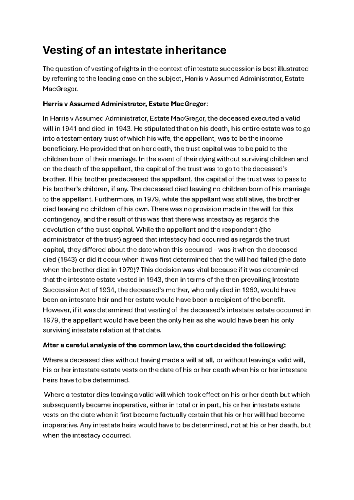Vesting of an intestate inheritance - Harris v Assumed Administrator ...