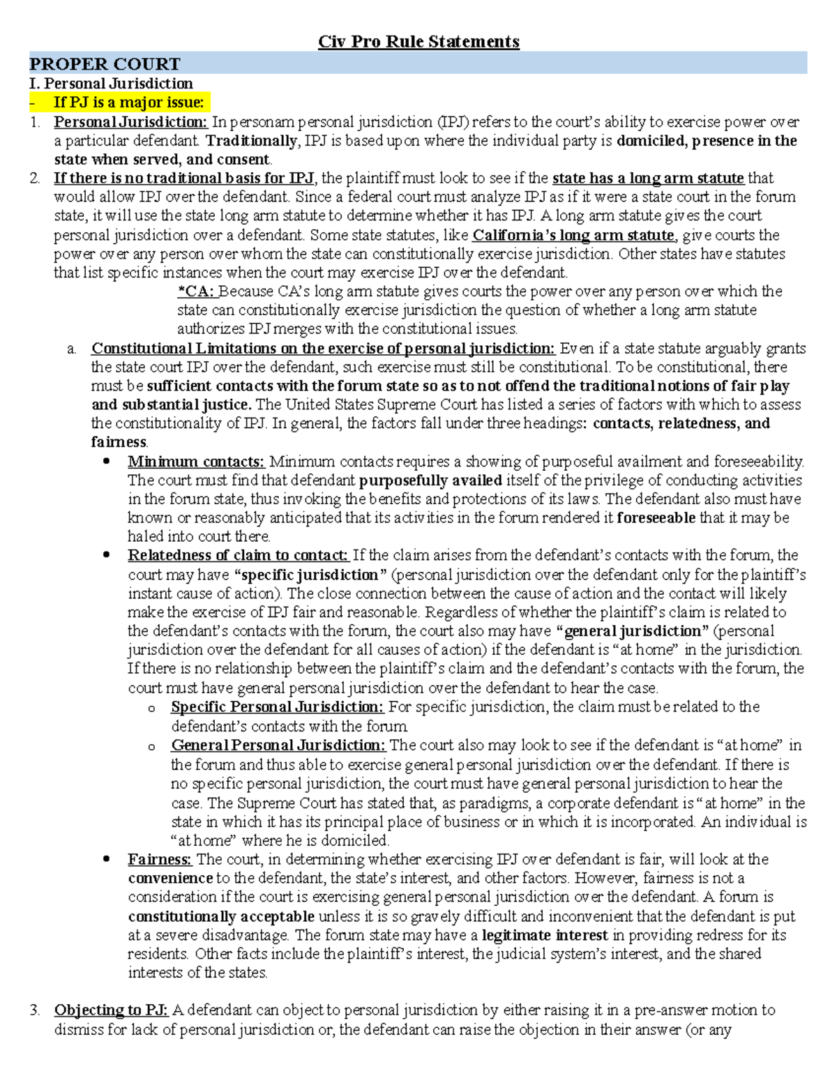 Civ Pro Rule Statements - LAW 60308 - Notre Dame - Studocu