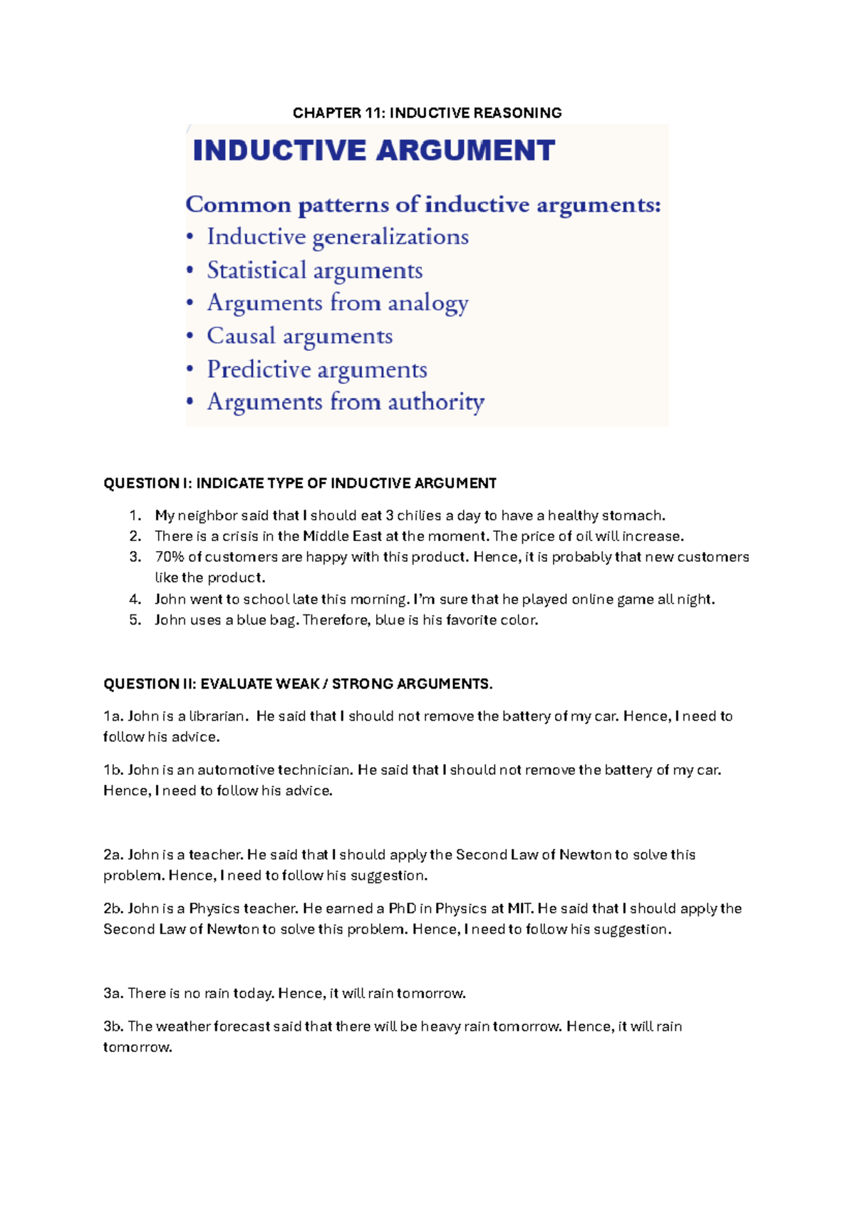 Questions - Inductive Reasoning AND Analyzing Arguments - CHAPTER 11: INDUCTIVE REASONING ...