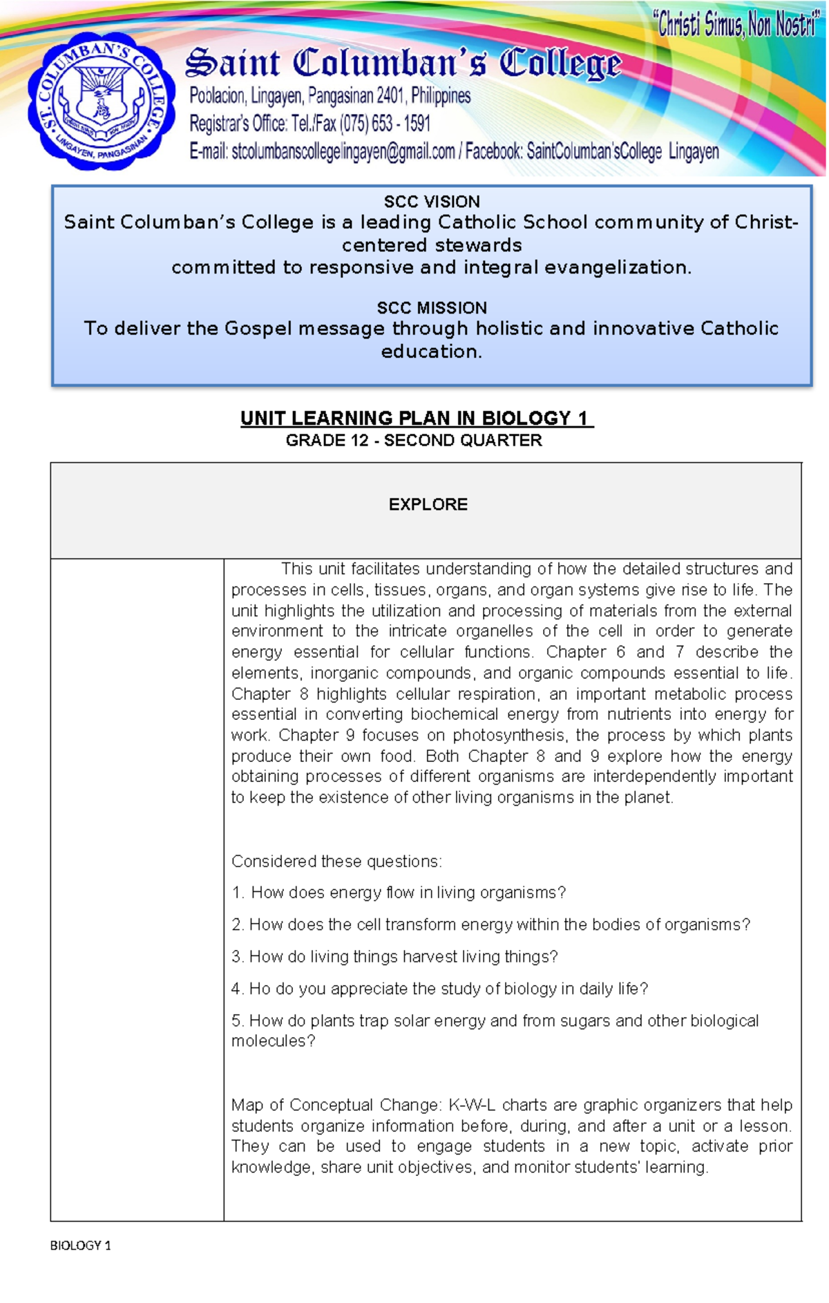Biology 1 ULP 2nd Quarter - UNIT LEARNING PLAN IN BIOLOGY 1 GRADE 12 ...
