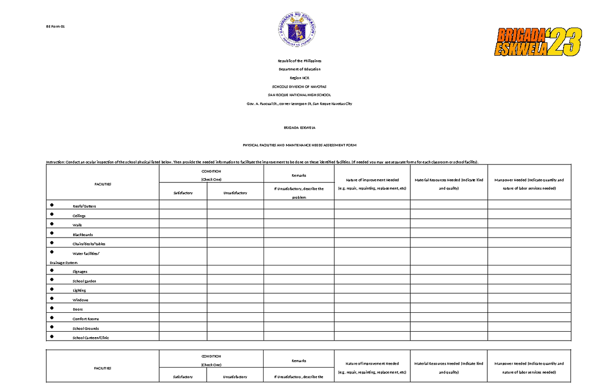 BE-Form-1- Physical- Facilities-AND- Maintenance- Needs- Assessment-FORM (23) - BE Form 01 ...