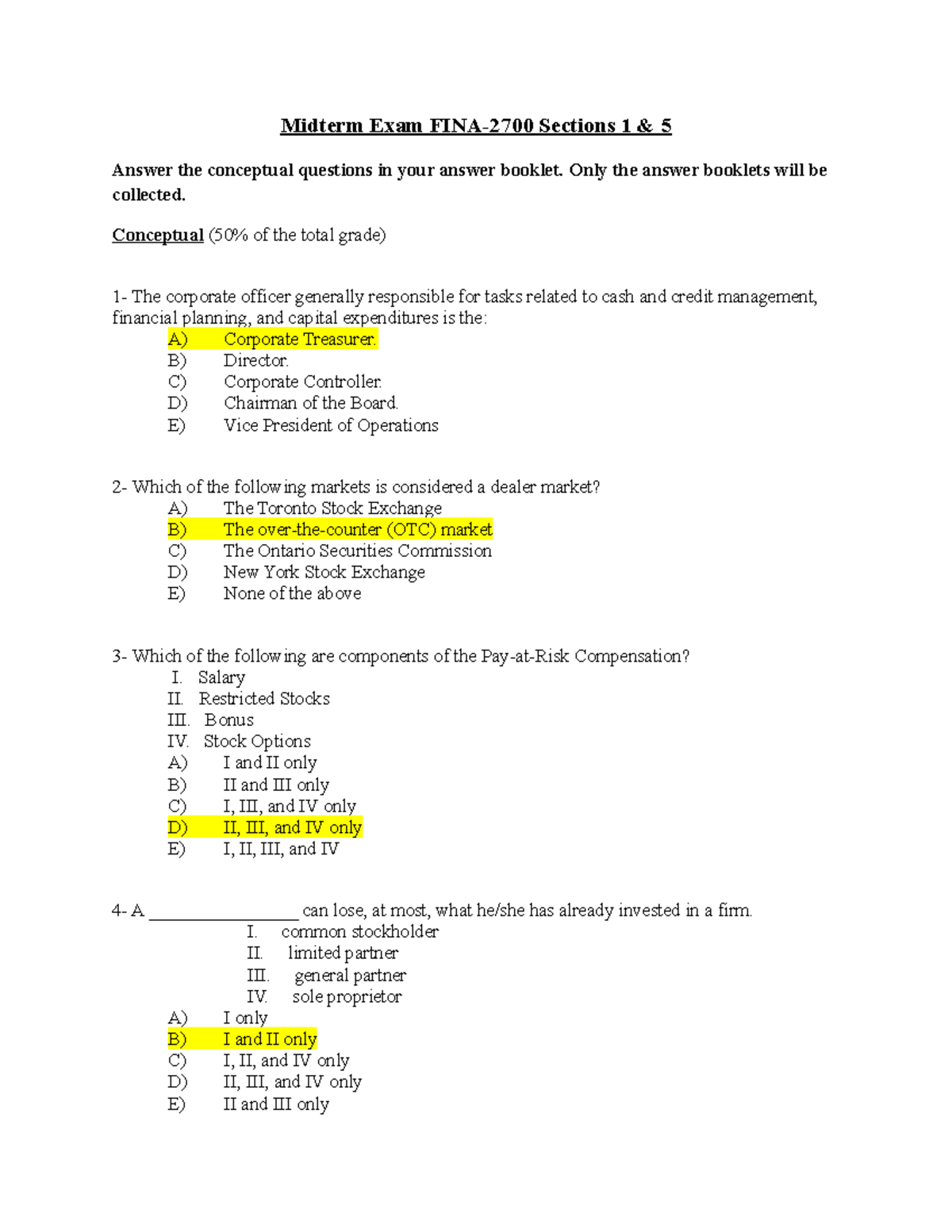 Midterm Exam 6 November 2017, questions and answers - Midterm Exam FINA ...