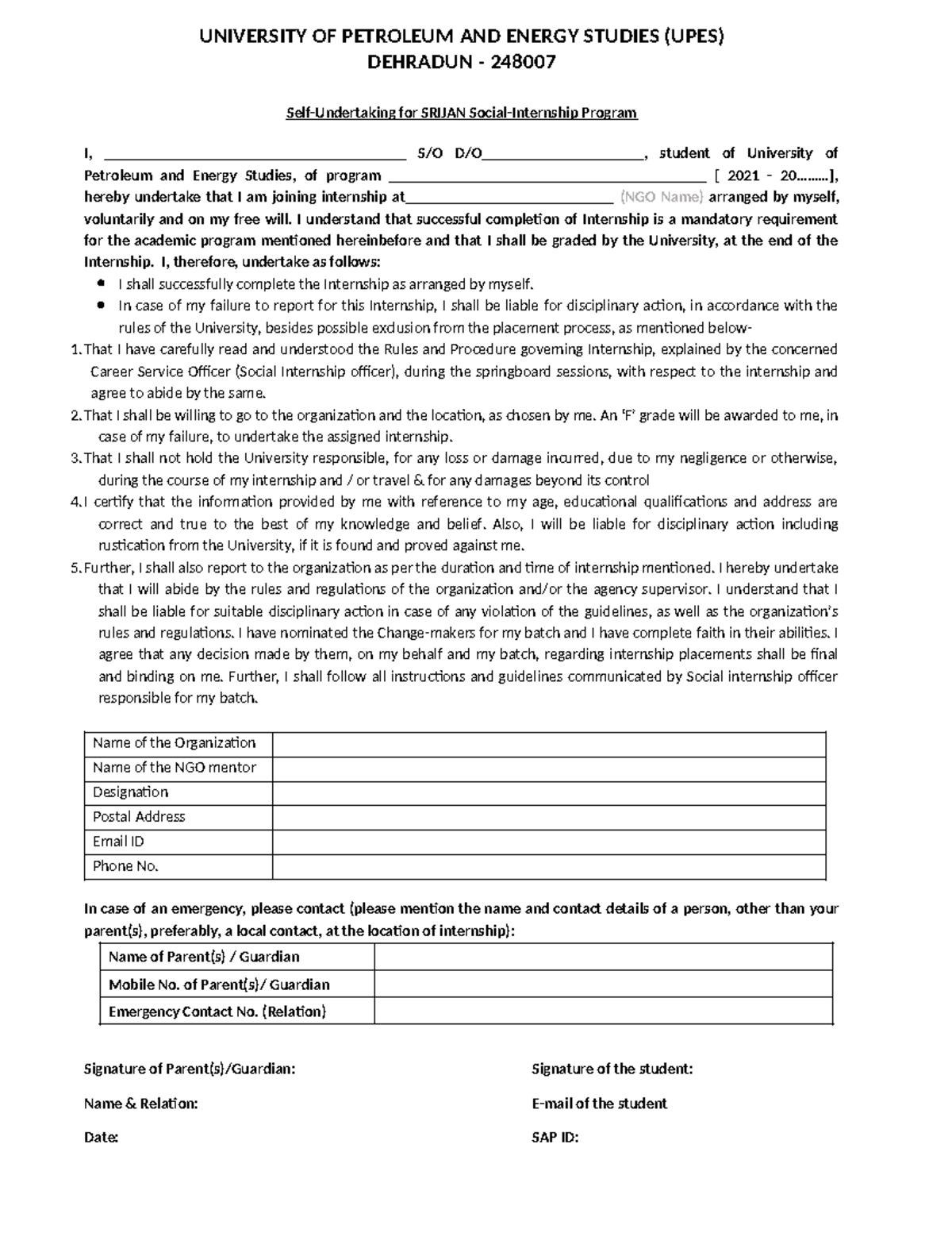 Self Undertaking(SI) - notes - UNIVERSITY OF PETROLEUM AND ENERGY ...